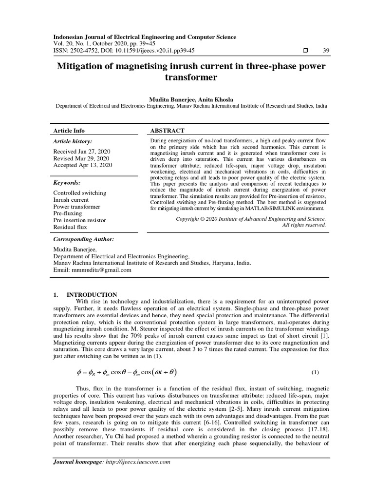 Mitigation of Magnetising Inrush Current | PDF | Transformer | Electronics