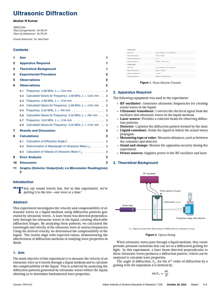 Ultrasonic Diffraction IMS22264 Akshar N Kumar-1 | PDF | Diffraction ...