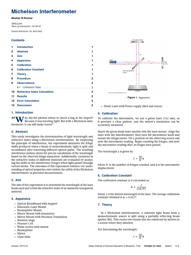 Michelson IMS22264 Akshar N Kumar | PDF | Interferometry | Laser