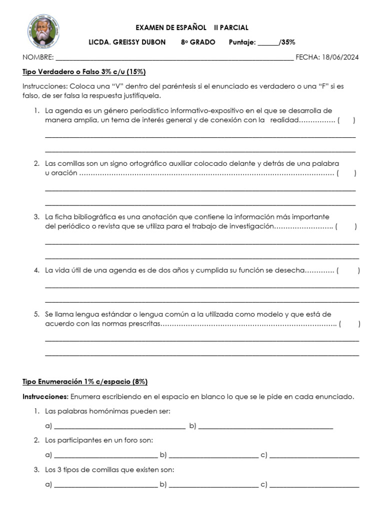 EXAMEN DE ESPAÑOL II PARCIAL 8vo | PDF | Comillas | Comunicación humana