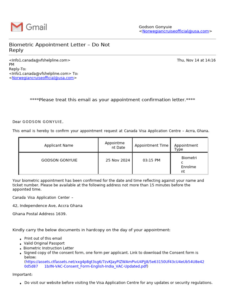 Godson Biometric Appointment Letter | PDF | Travel Visa | Government ...