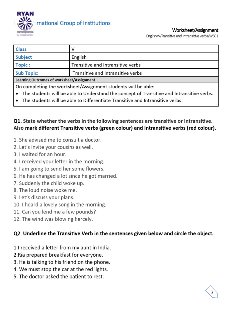 Transitive vs Intransitive Verbs Worksheet | PDF