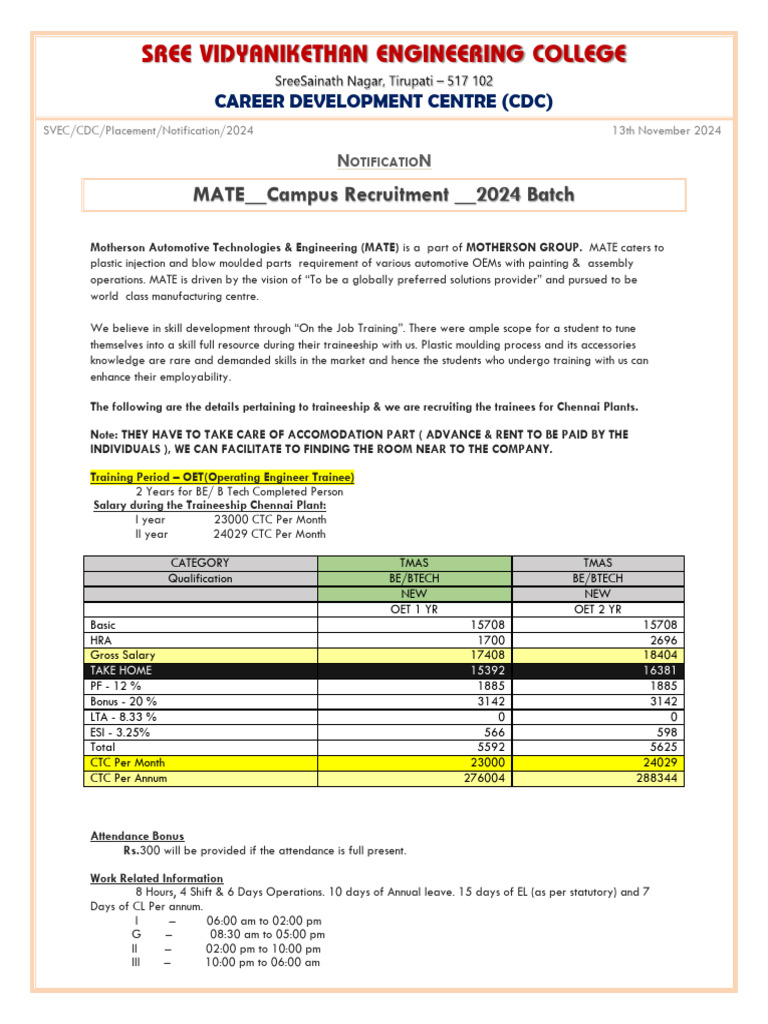 Motherson Automotive Technologies & Engineering Campus Hiring 2024 Batch SVEC Notification | PDF