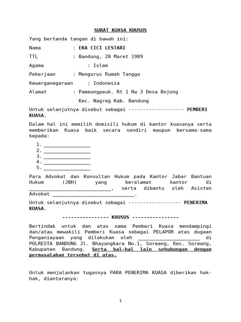 Draft Surat Kuasa Eka Cici L | PDF
