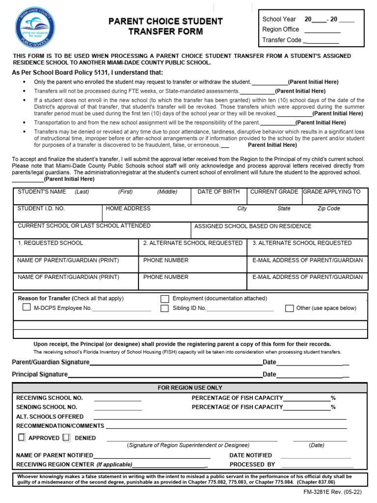 Parent Choice Student Transfer Form (FM-3281) | PDF | Escuelas