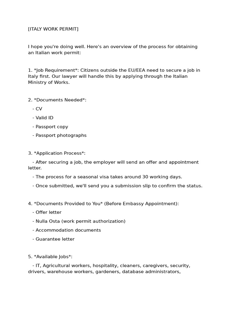 Italy Work Permit Process Overview | PDF