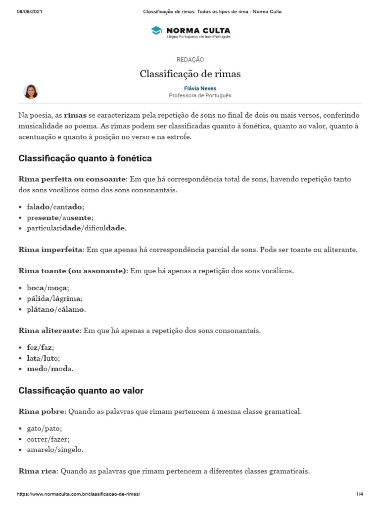 Classificação de Rimas - Todos Os Tipos de Rima - Norma Culta | PDF ...
