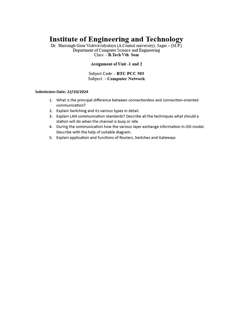 B.Tech V Sem: Computer Network Assignment | PDF