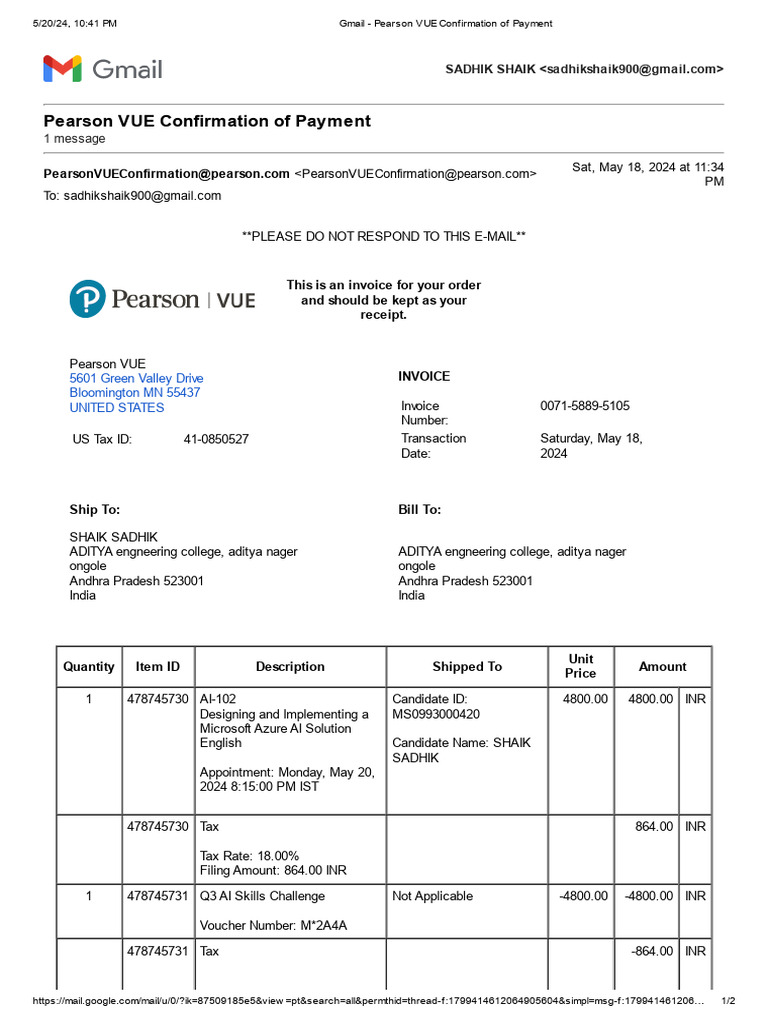 Pearson VUE Payment Confirmation Invoice | PDF | Value Added Tax | Taxes