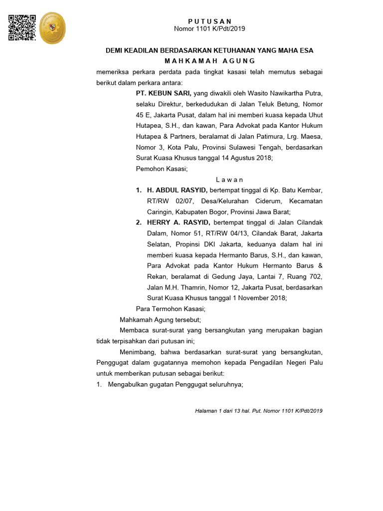 Putusan No. 1101 - K - PDT - 2019 - Kabul Abdul Rasyid Vs Kebun Sari | PDF