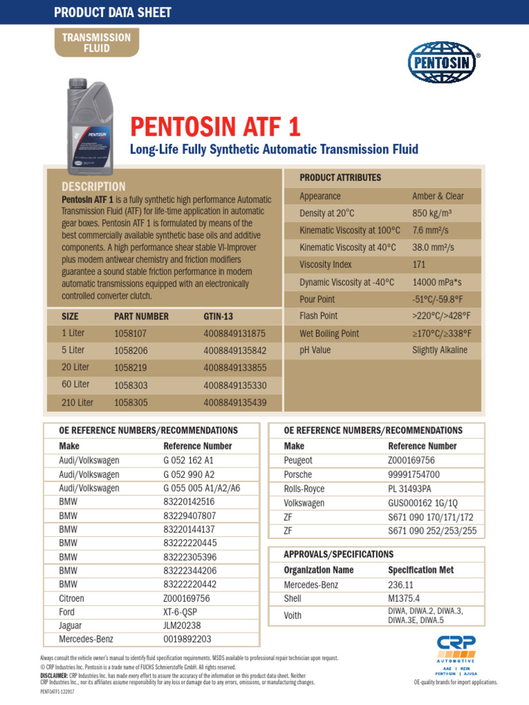 Pentosin Product Data Sheet Transmission Fluid ATF 1 | PDF | Automatic Transmission | Viscosity
