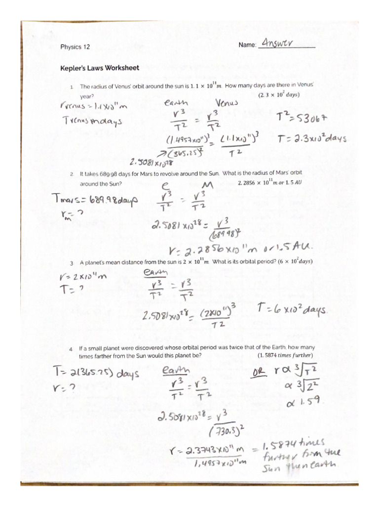 1.14A Kepler's Laws Worksheet Answers | PDF