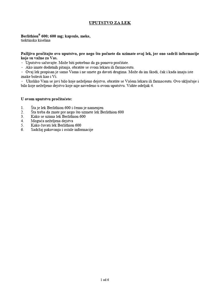 Uputstvo Za Lek: Berlithion 600 600 MG Kapsule, Meke | PDF