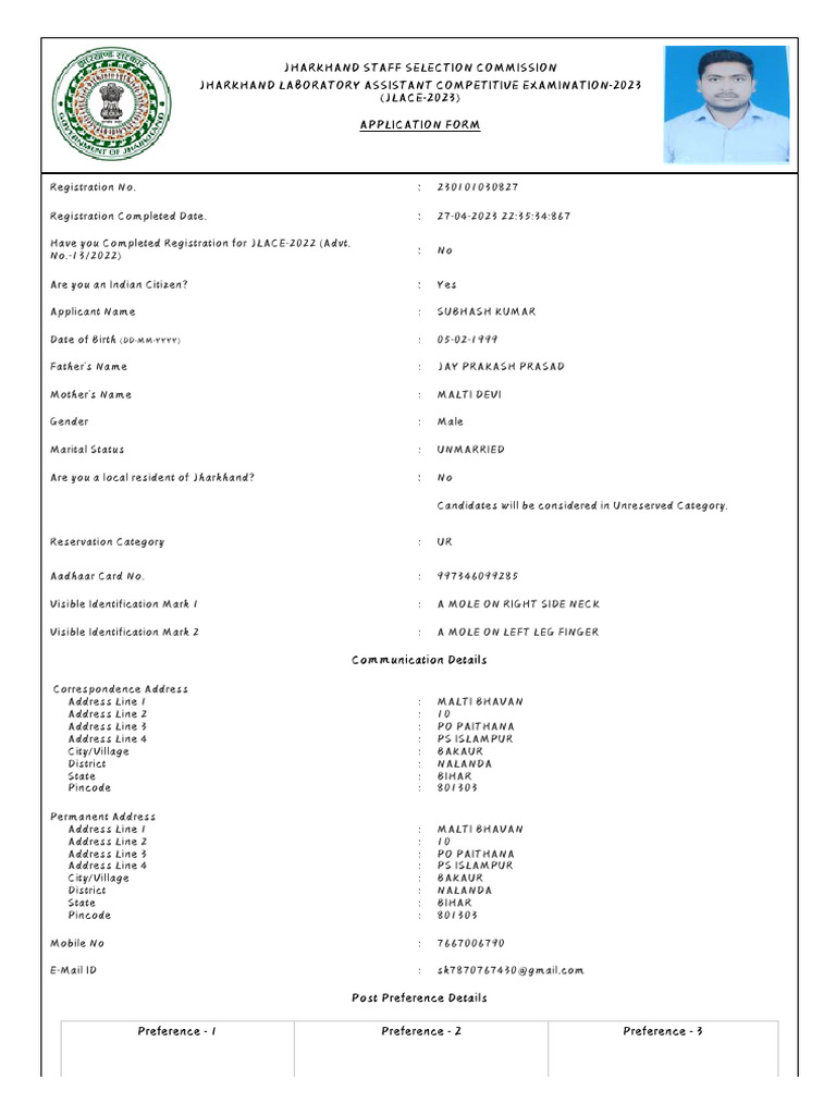 Applicant Print Subhash JSSC Lab Assistant | PDF
