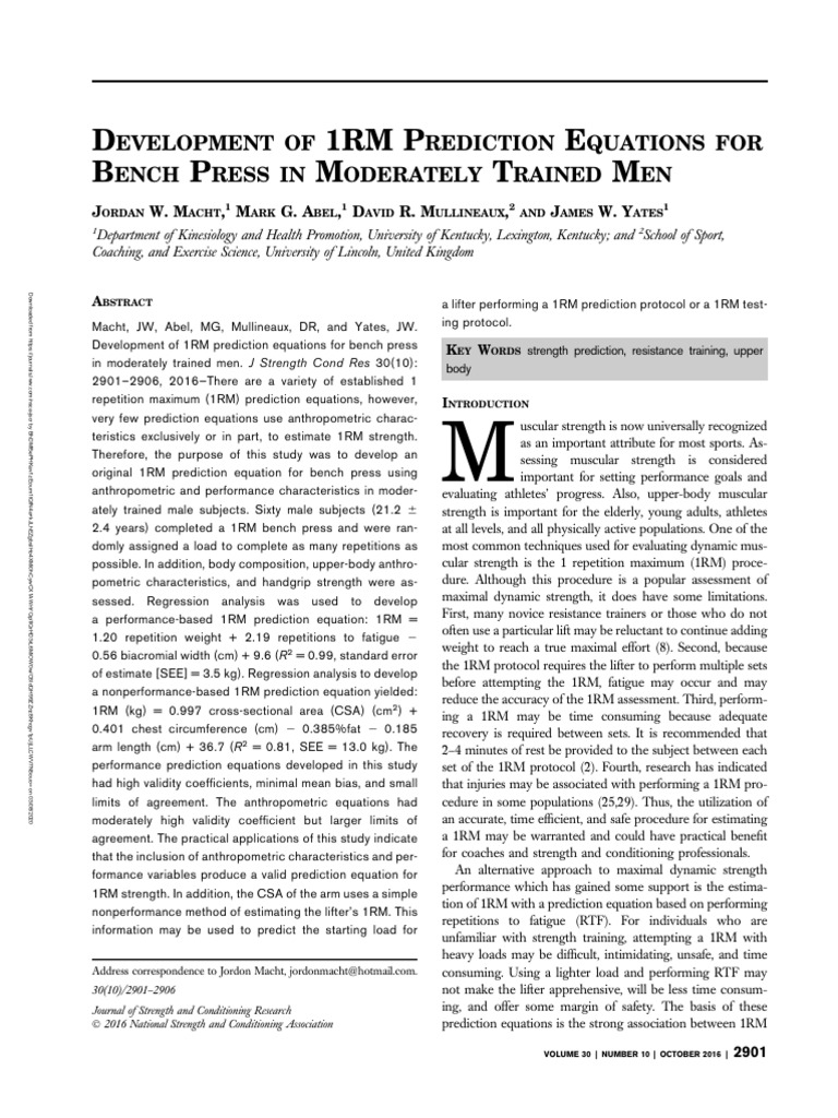 Development of 1RM Prediction Equations For Bench.28 | PDF ...