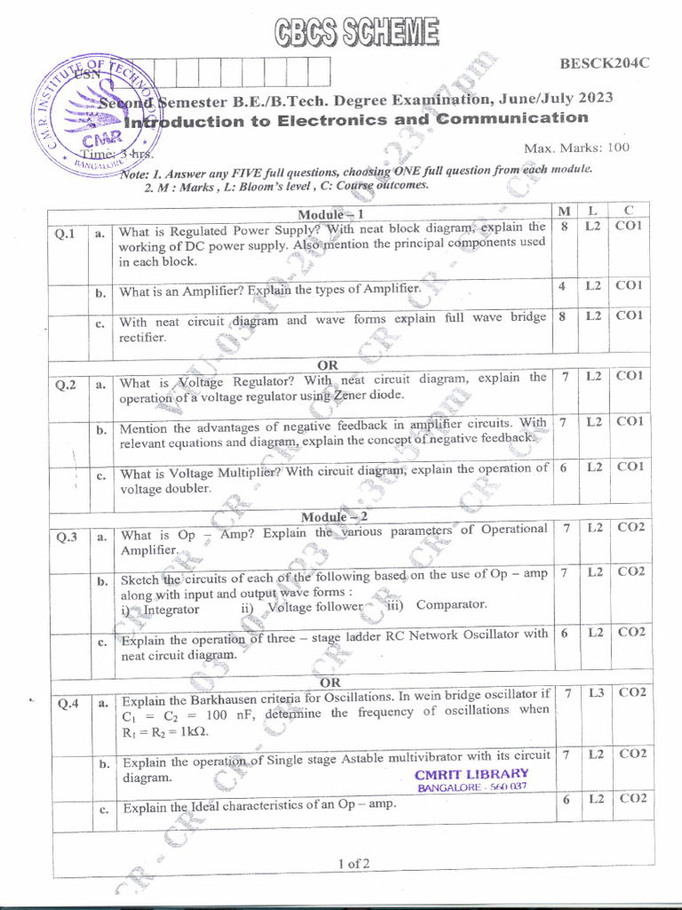 VTU Question Paper of BESCK204C Introduction To Electronics and ...