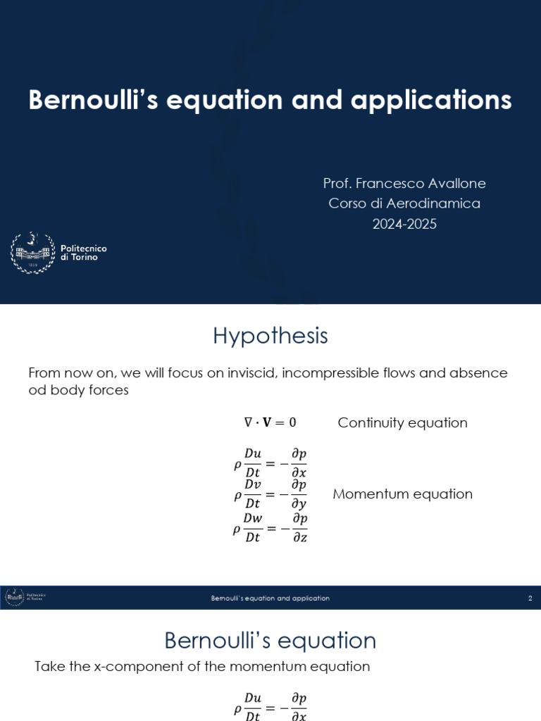 Slides 13 - Bernoulli's equation and applications | PDF | Motion (Physics) | Gases