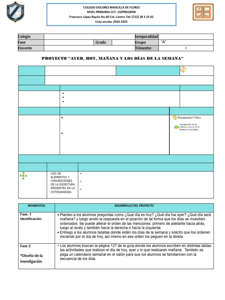 Proyecto Ayer, Hoy y Mañana en Preescolar | PDF | Calendario | Cognición