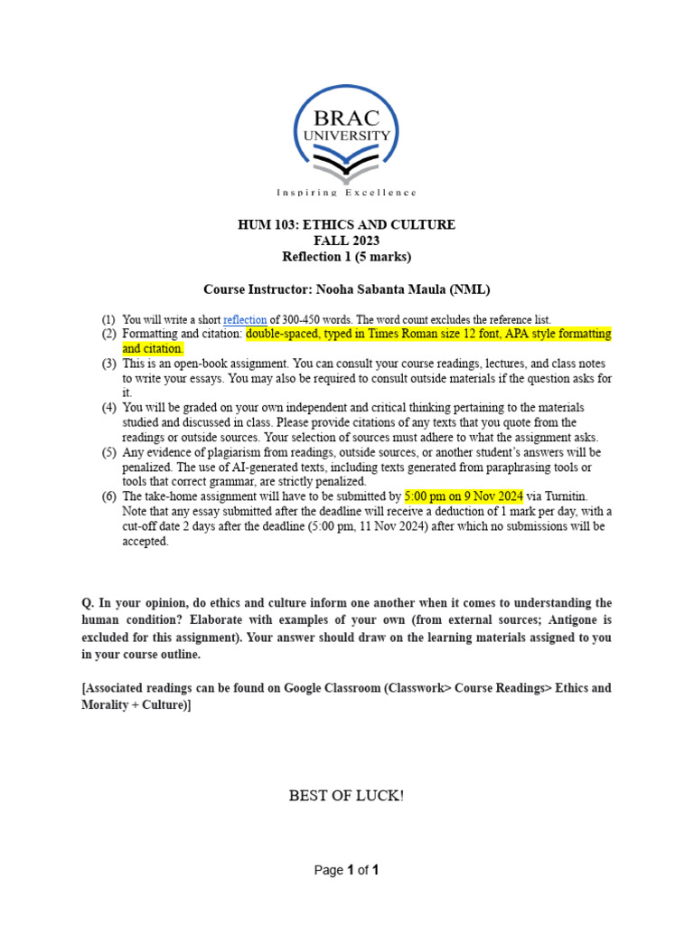 HUM103 - Fall2024 - Reflection 1 | PDF