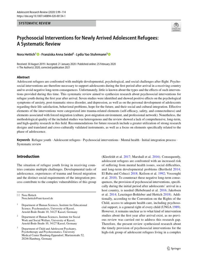 Hettich (2020) - Psychosocial Interventions For Newly Arrived ... Hettich (2020) - Psychosocial Interventions For Newly Arrived ...