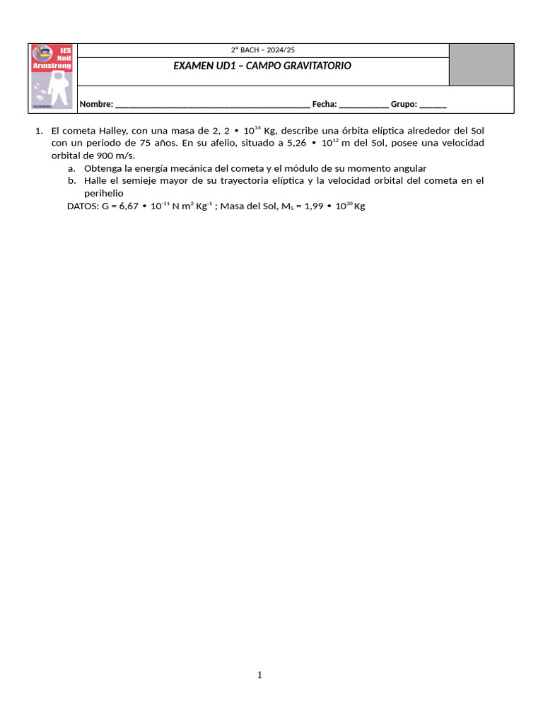 Examen Ud1 Campo Gravitatorio 2ºbach | PDF