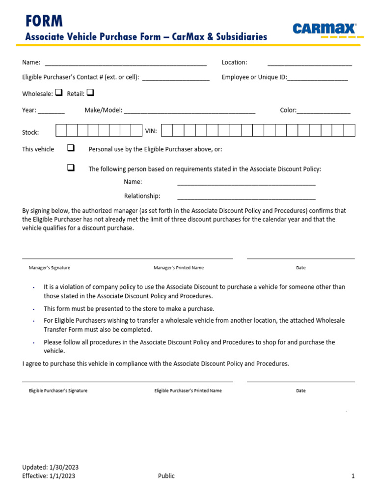Associate Vehicle Purchase Form | PDF | Receipt | Payments