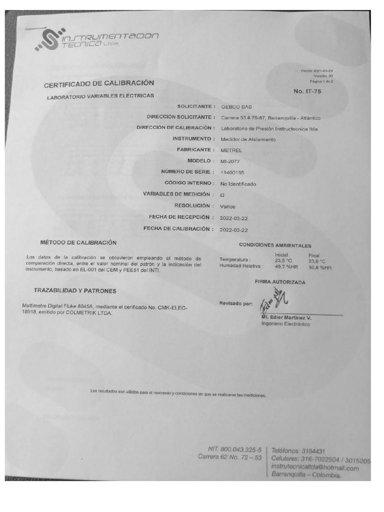 Certificado de Calibracion Metrel | PDF