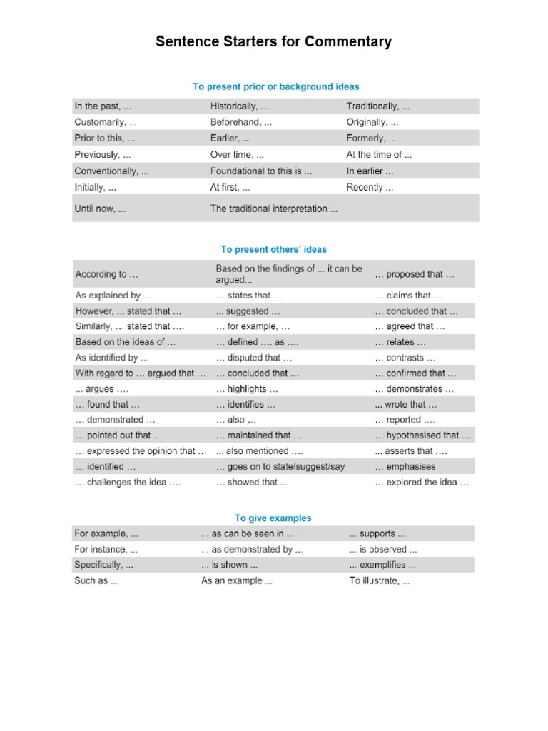 Sentence Starters For Commentary | PDF