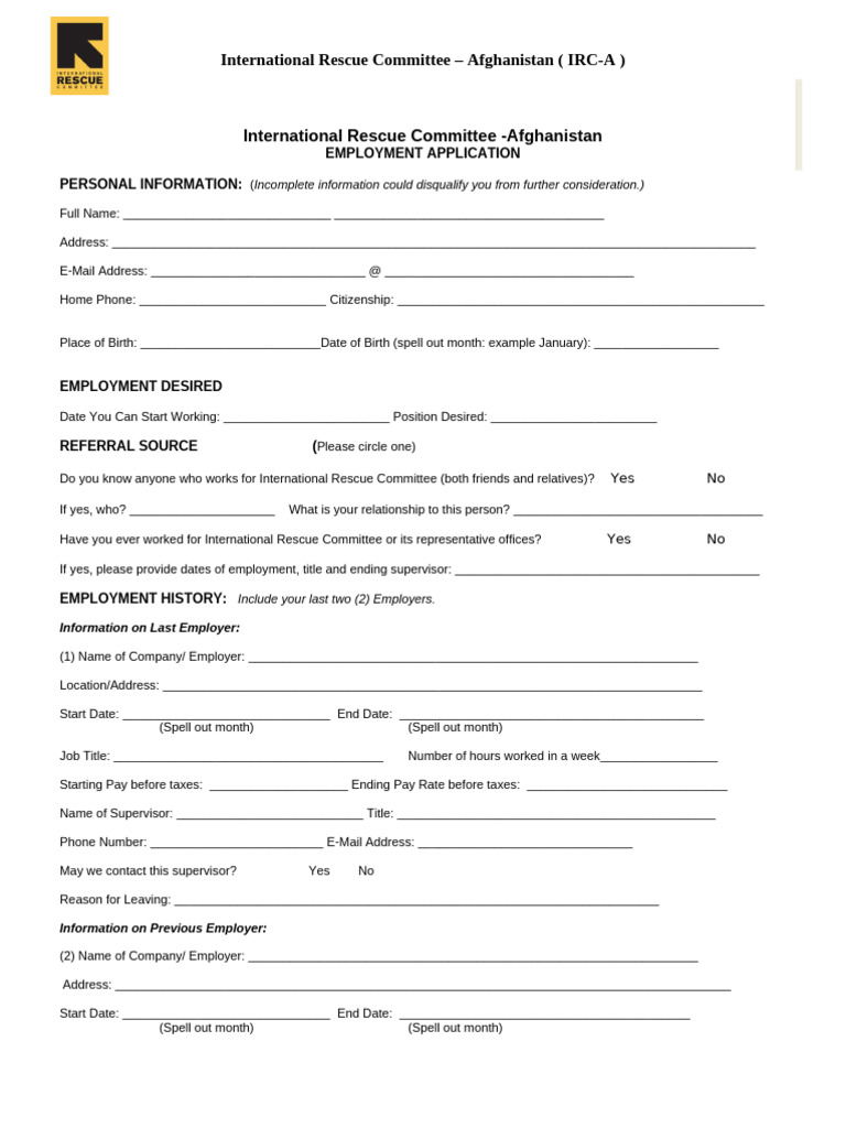 Irc-A Employment Application - (January 2015) | PDF | Employment | Business