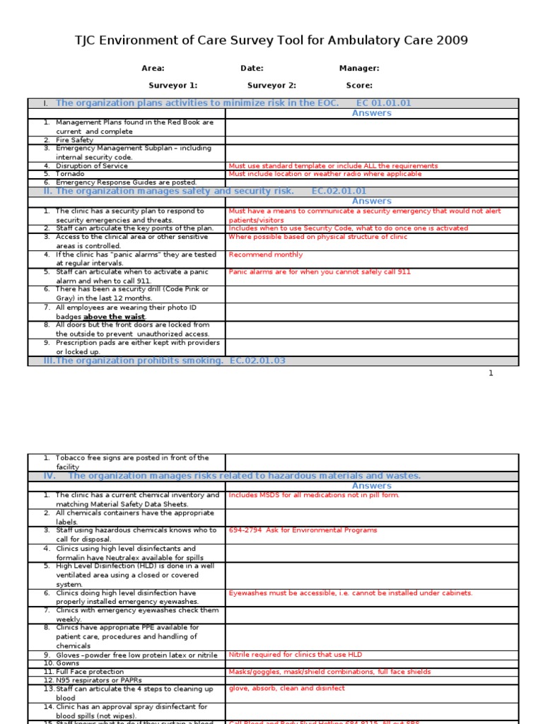 TJC Environment of Care Survey Tool For Ambulatory Care 2009 | PDF ...
