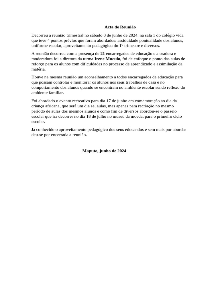 Exemplo De Uma Acta De Reuniaomodelo Actaea