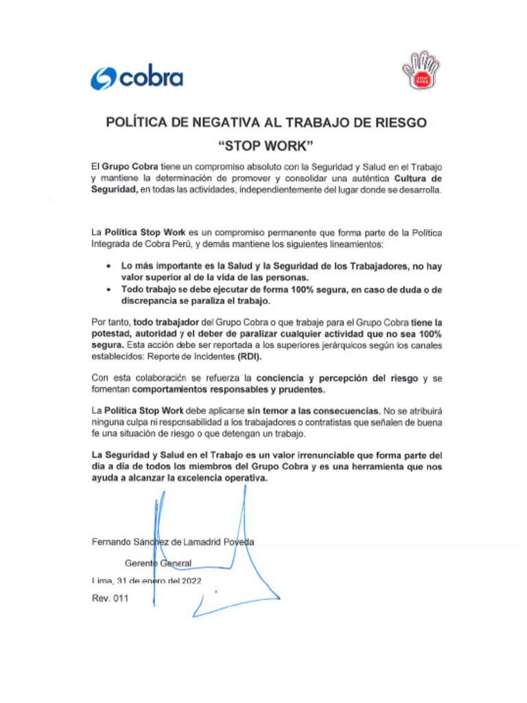 Politica de Negativa Al Trabajo de Riesgo Rev.11 | PDF