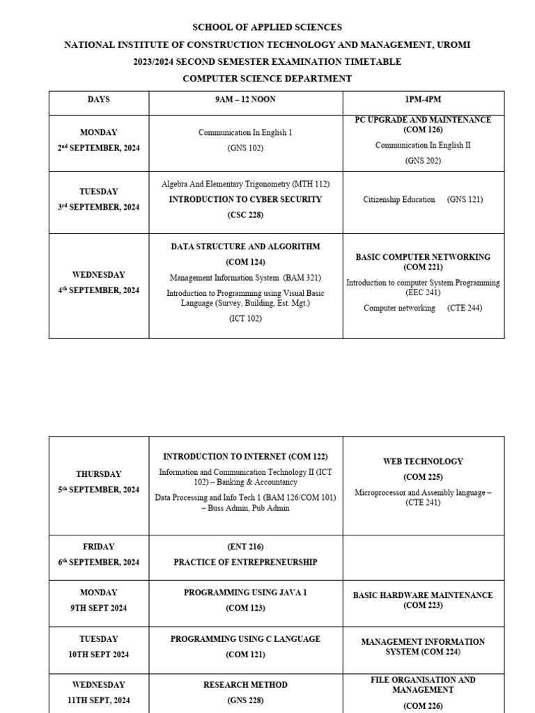 COMPUTER SCIENCE 2nd Sem Exam Timetable | PDF | Computing | Computer Science