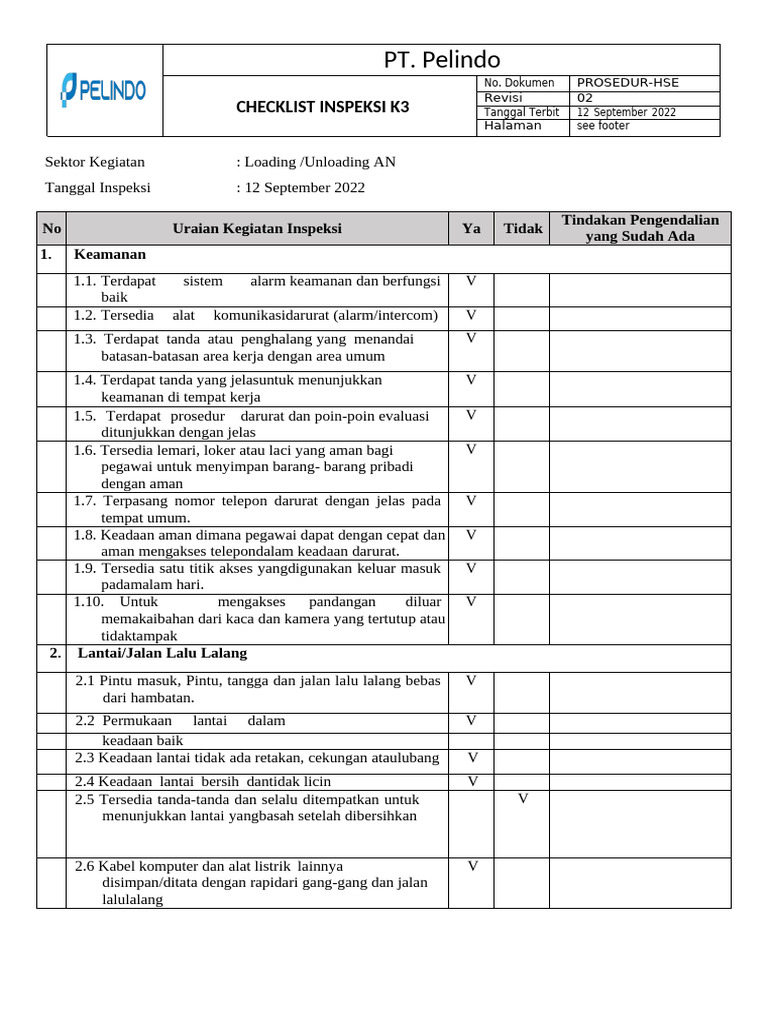 PT. Pelindo: Checklist Inspeksi K3 | PDF