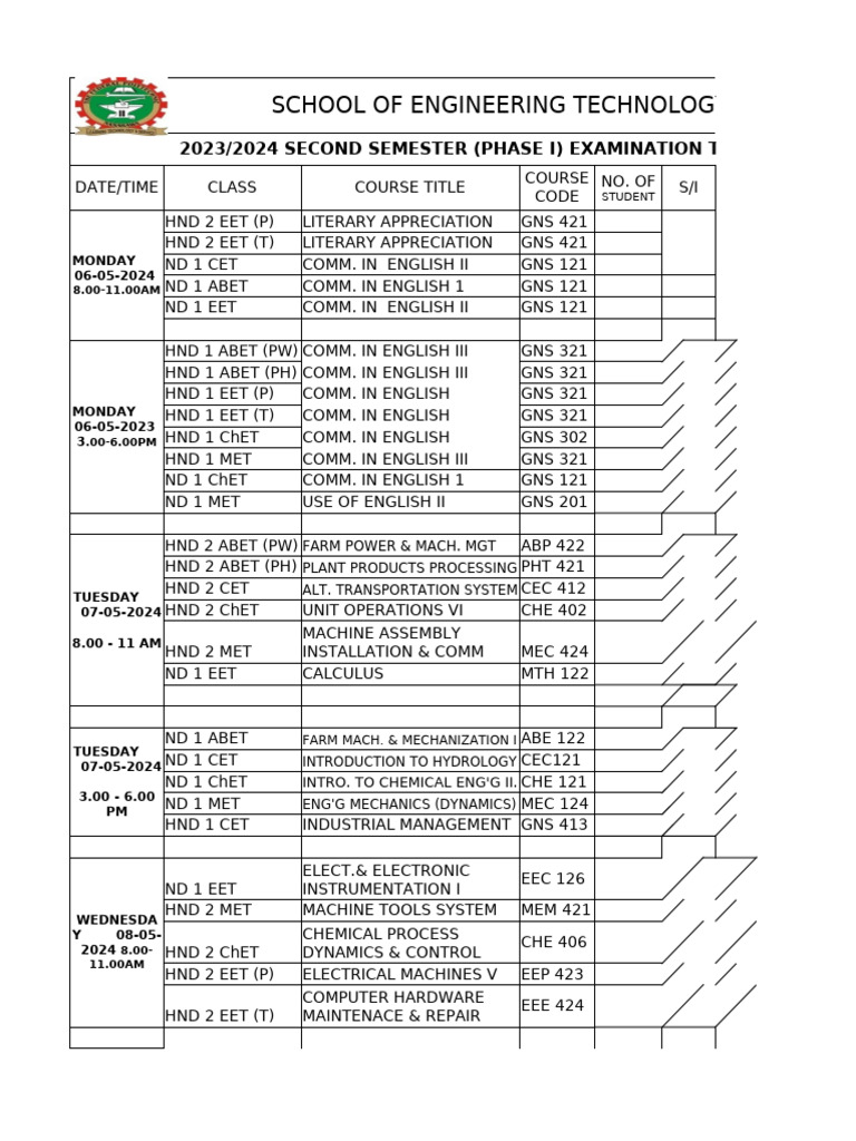 Engineering Exam Timetable 2023/2024 | PDF | Engineering | Electrical ...