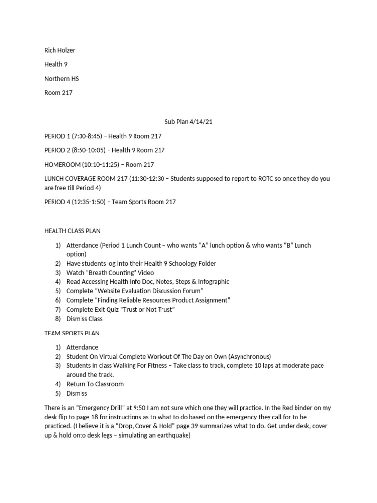 Sub Plan Full Day | PDF | Wellness