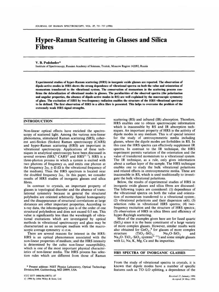 Hyper-Raman Scattering in Glasses | PDF | Raman Spectroscopy | Infrared ...