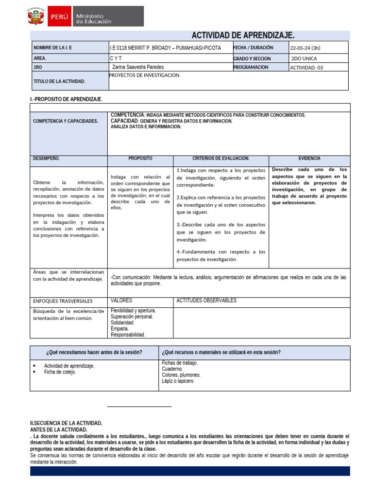 S.A 02 UNI 2 Cyt 2do PROYECTOS DE INVESTIGACION | PDF | Evaluación | Aprendizaje