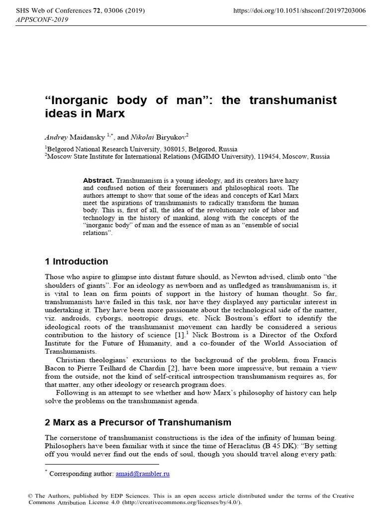 ARTIGO, Inorganic Body of Man - The Transhumanist Marx Idea | PDF | Transhumanism | Karl Marx