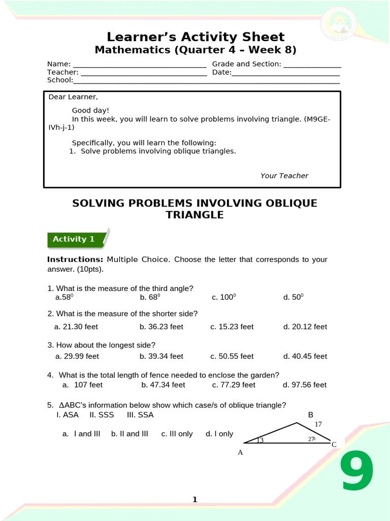 G9_mat_Q4_W8 | PDF | Triangle | Elementary Mathematics