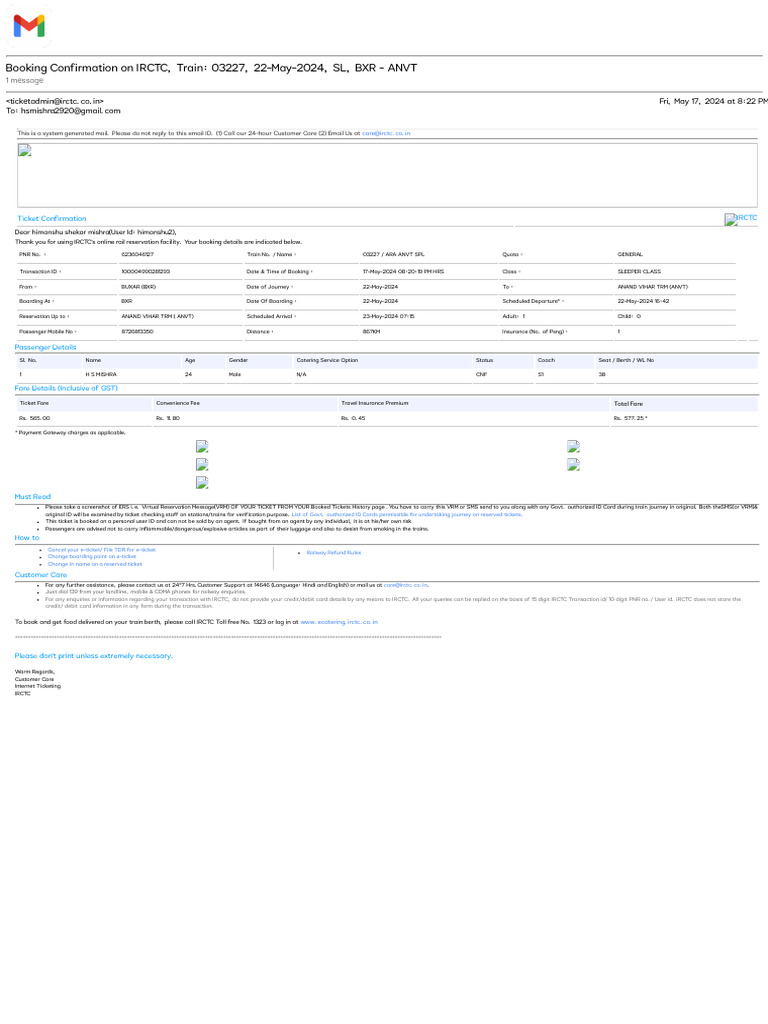 Gmail - Booking Confirmation On IRCTC, Train - 03227, 22-May-2024, SL ...