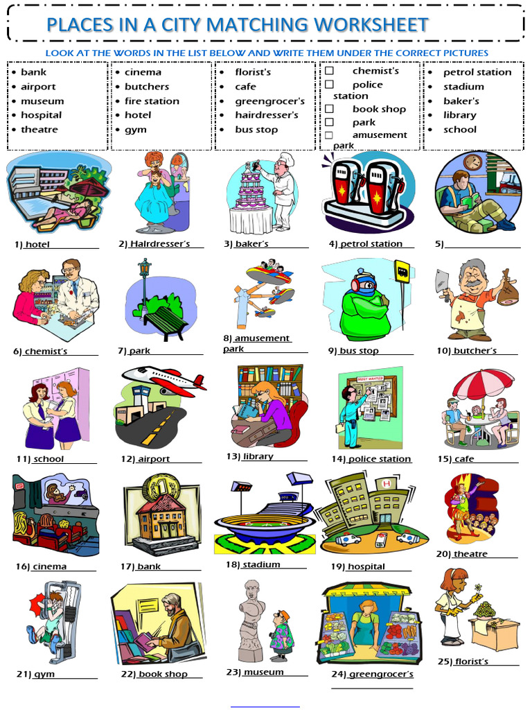 Places in A City Matching Exercise Vocabulary Worksheet | PDF