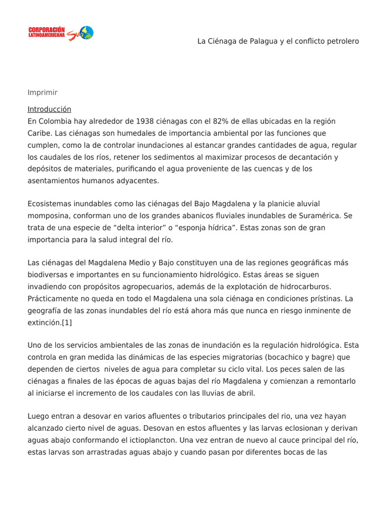 La Ciénaga de Palagua y El Conflicto Petrolero | PDF | Humedal | Entorno natural