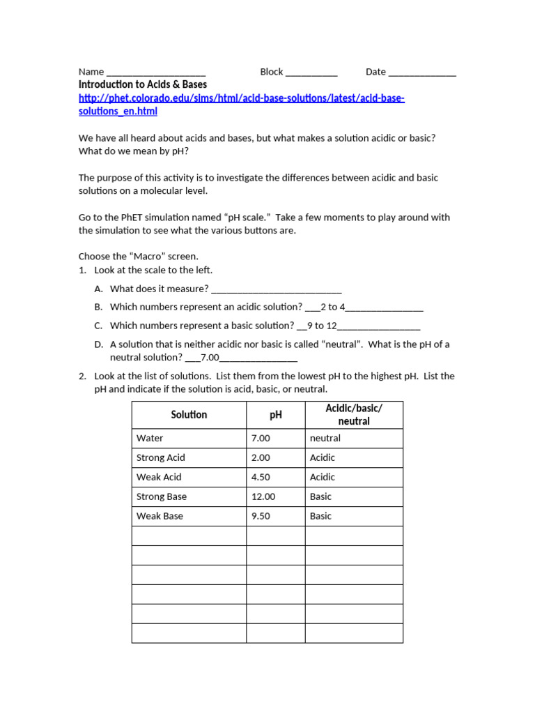 Hicks, JaKaurri - PhET Intro of Acids and Bases PH | PDF | Ph | Acid