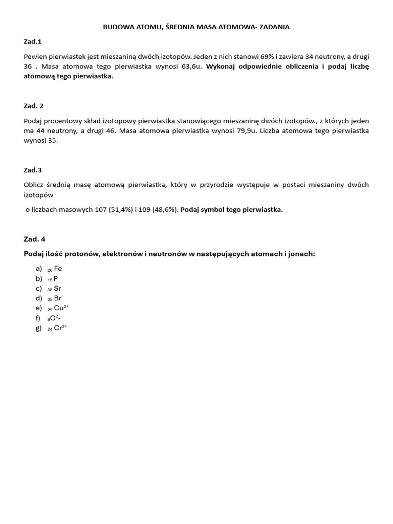 Budowa Atomu, Średnia Masa Atomowa - Zadania 2 | PDF
