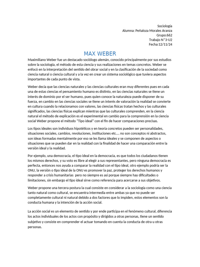 Tarea 3 - U2 MAX WEBER | PDF | Sociología | Science