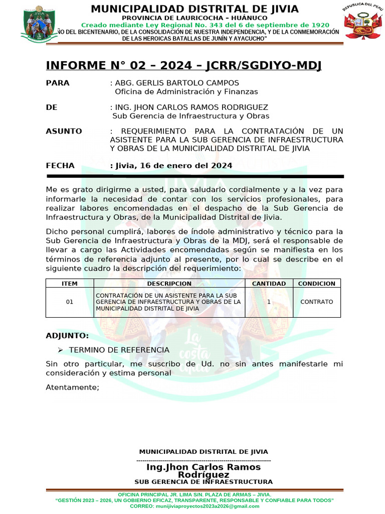 Informe #02 - 2024 - Jcrrsgdiyo-Mdj Requerimiento Asistente | PDF | Planificación urbana ...