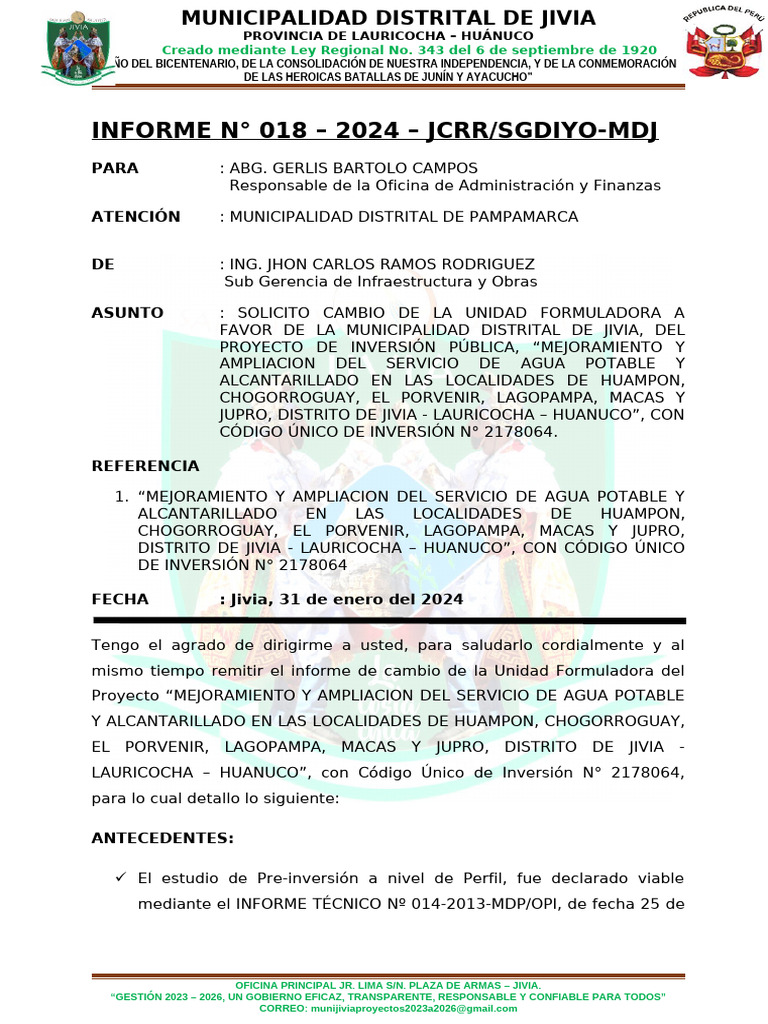 Informe #018 - 2024 - Jcrrsgdiyo-Mdj Solicito Cambio de La Uf | PDF