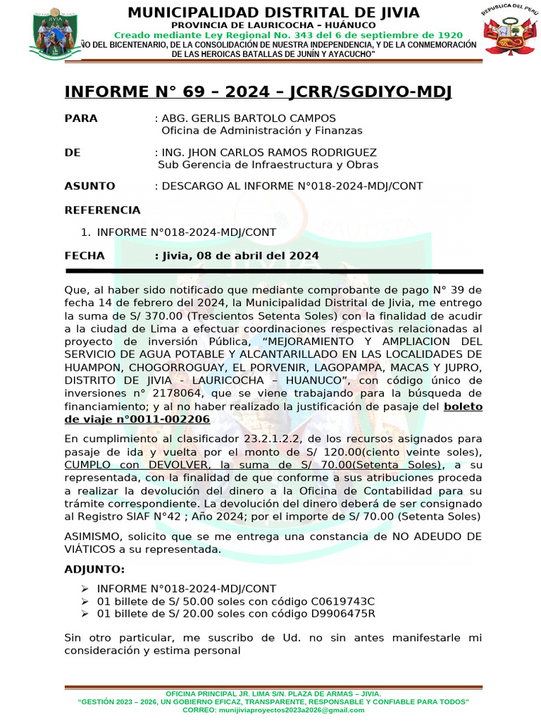 Informe #69 - 2024 - Jcrrsgdiyo-Mdj Devolucion de Viaticos | PDF ...