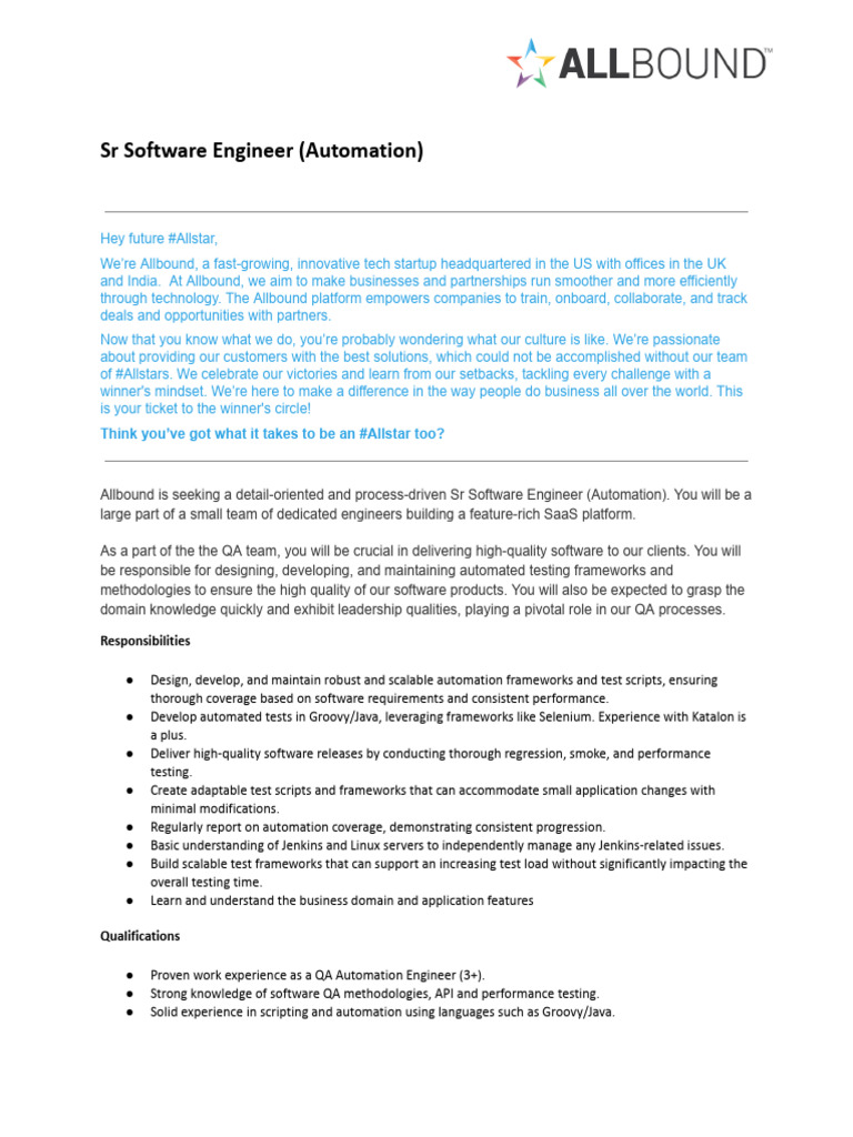 SR Software Engineer (Automation) Job Description | PDF | Agile ...